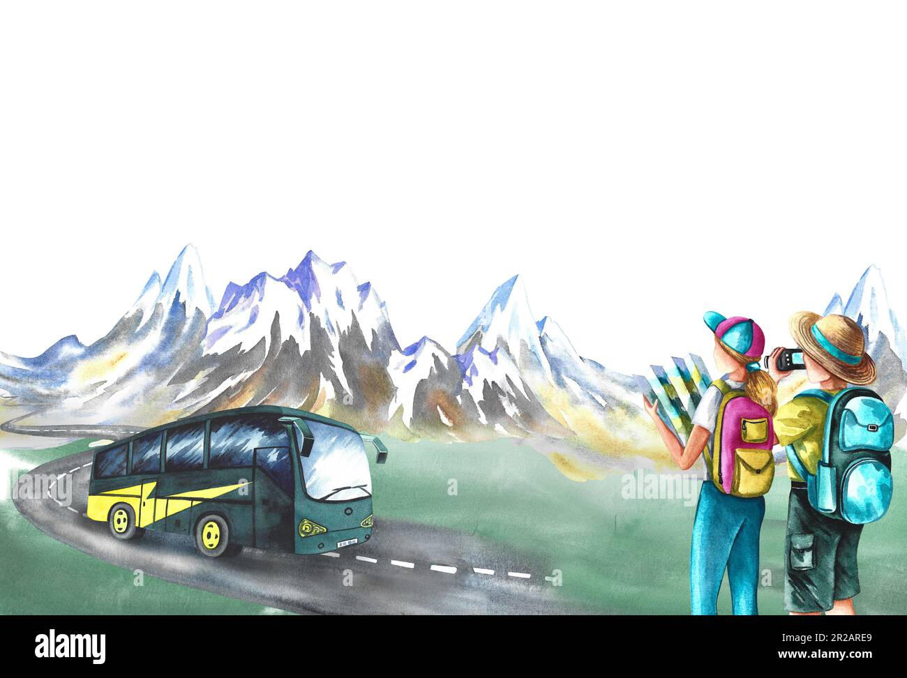 Tourists with a map and a camera on the background of mountains and a ...