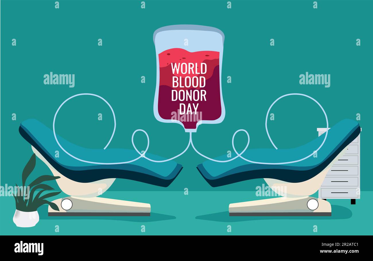 Day donation concept with bag of blood, hand and heart medical sign ...