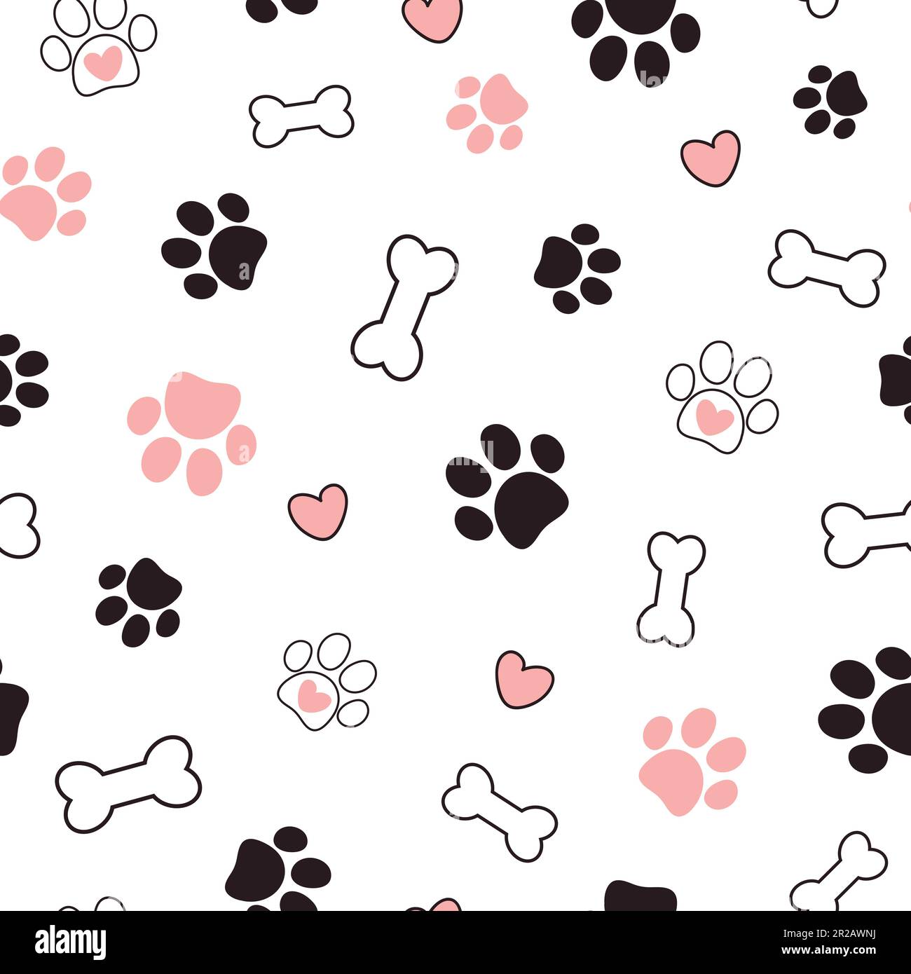 Cute seamless pattern with pet paw, bone and hearts. Vector ...