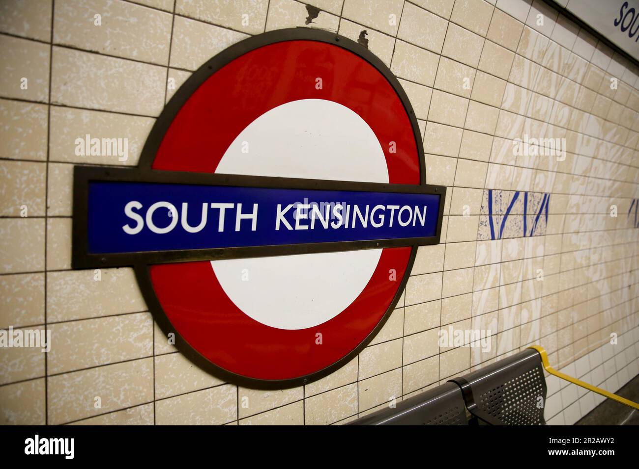South Kensington sign displayed at the London underground station Stock ...