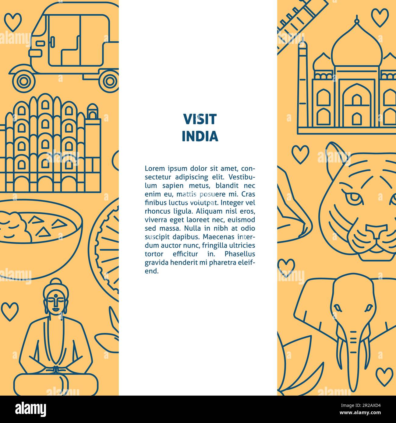 Visit India concept banner template in line style. Traditional symbols ...