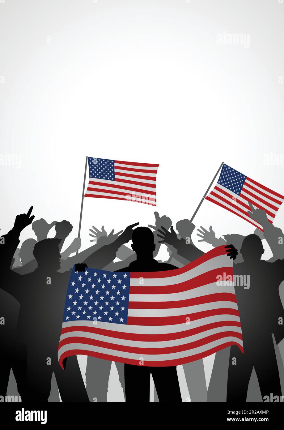 Silhouette of crowd of people cheering while holding the flag of ...