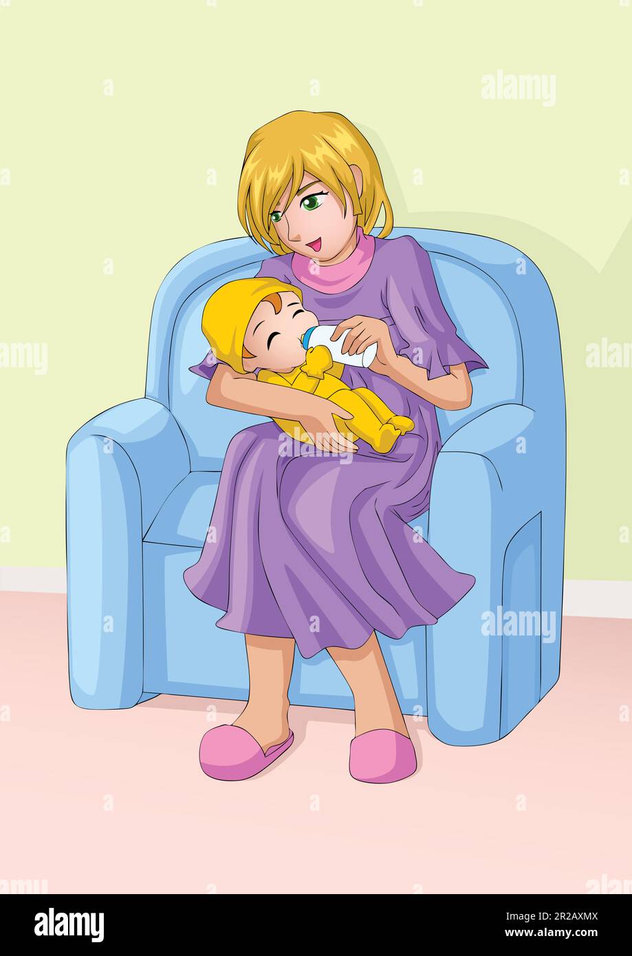 Cartoon illustration of a mother holds bottle of milk for her baby ...