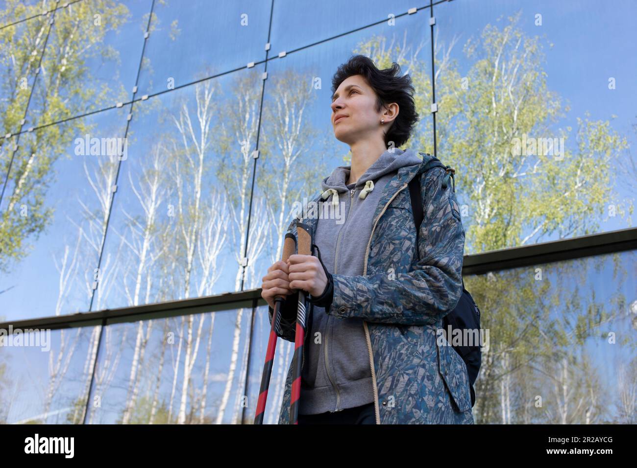 Pole Walking In Urban Area, City Beautiful Happy Caucasian Woman ...