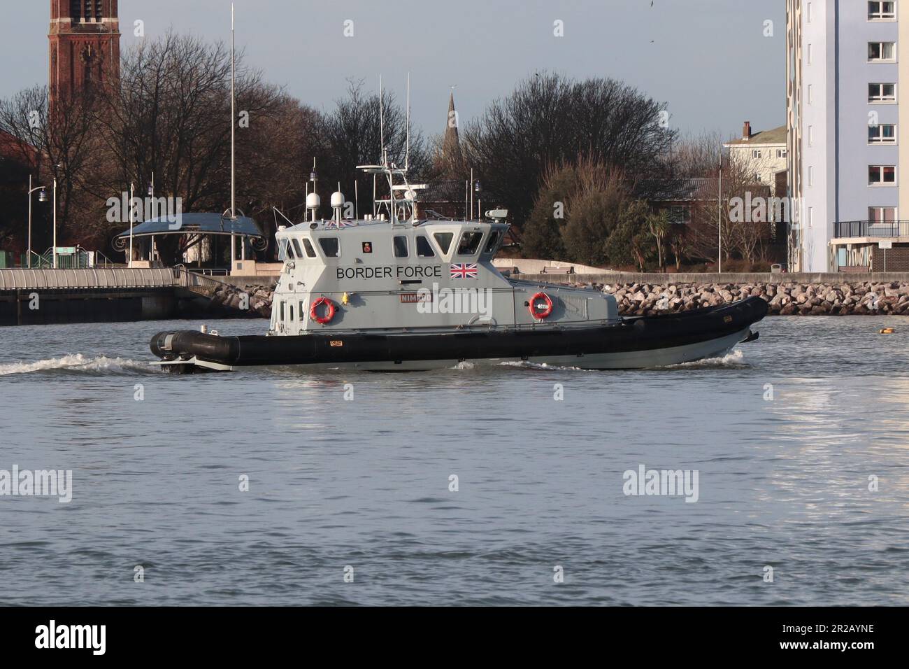 The UK Border Force coastal patrol vessel HMC NIMROD approaching a ...