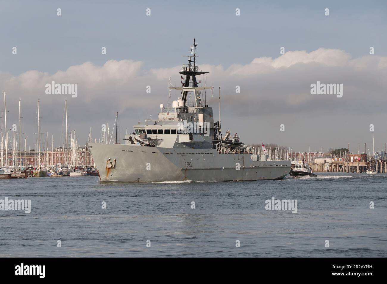 The Royal Navy patrol vessel HMS MERSEY sails from the Naval Base Stock ...