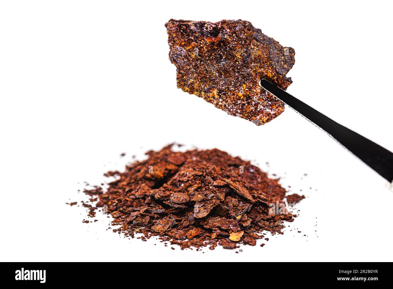 piece of rusty metal being shown by tweezers, analysis of rust on old ...