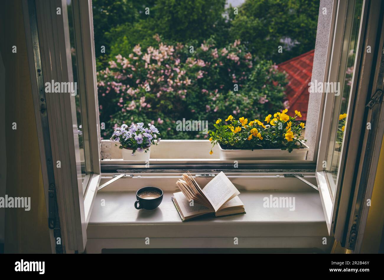 Open book and cup of coffee on windowsill in front of the open window ...