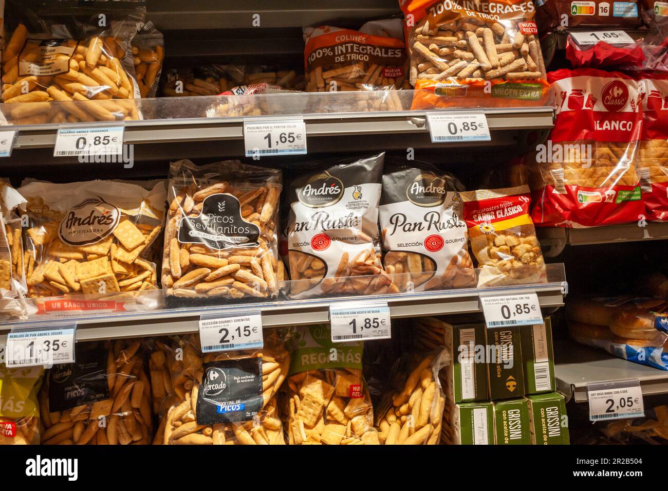 Ronda, Malaga, Spain, Detail, Shelves in Carrefour Supermarket, Prices ...