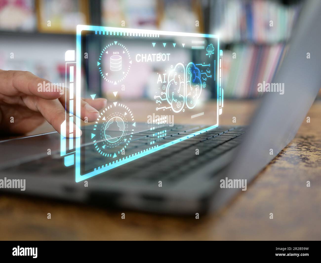 Artificial intelligence chatbot. A man chats at home with a smart AI ...