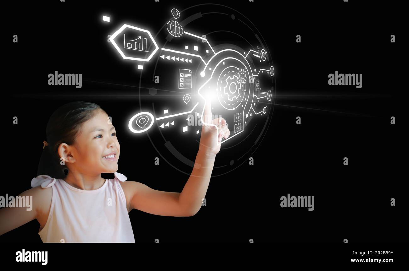 A girl chats with a smart AI or artificial intelligence using a virtual ...