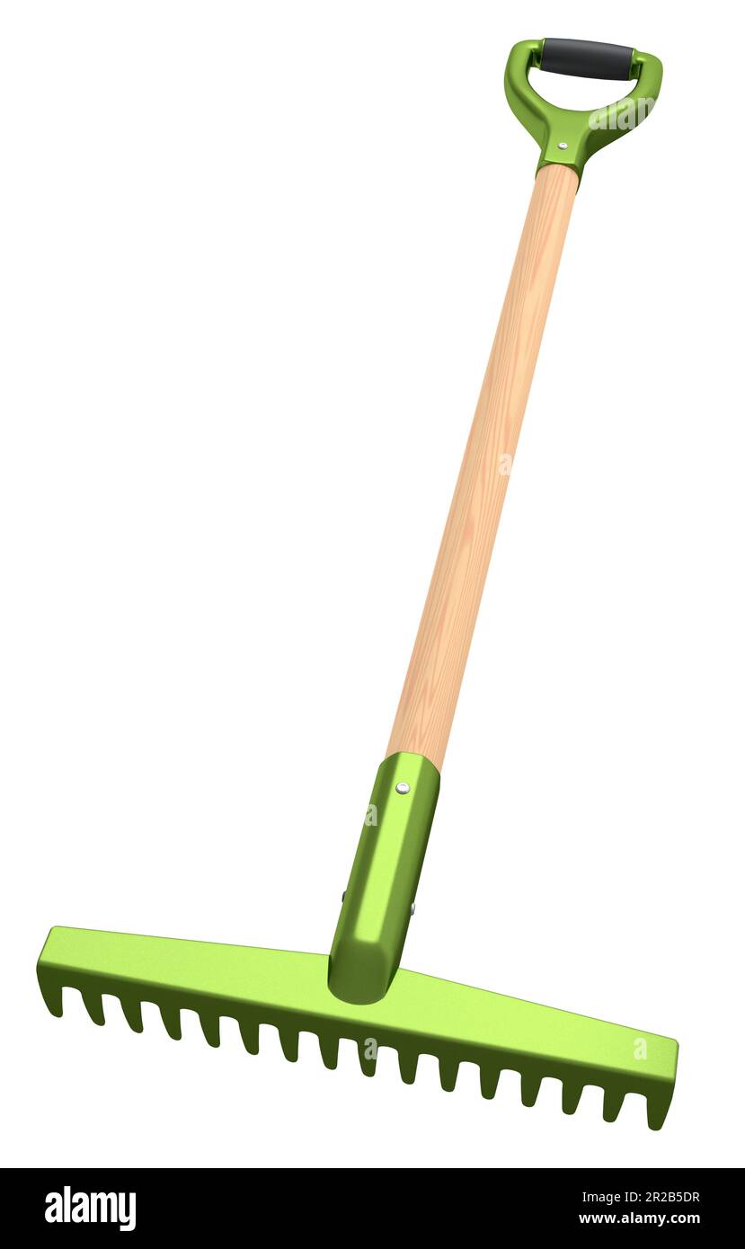 Garden rake with wooden handle for harvesting hay isolated on white ...
