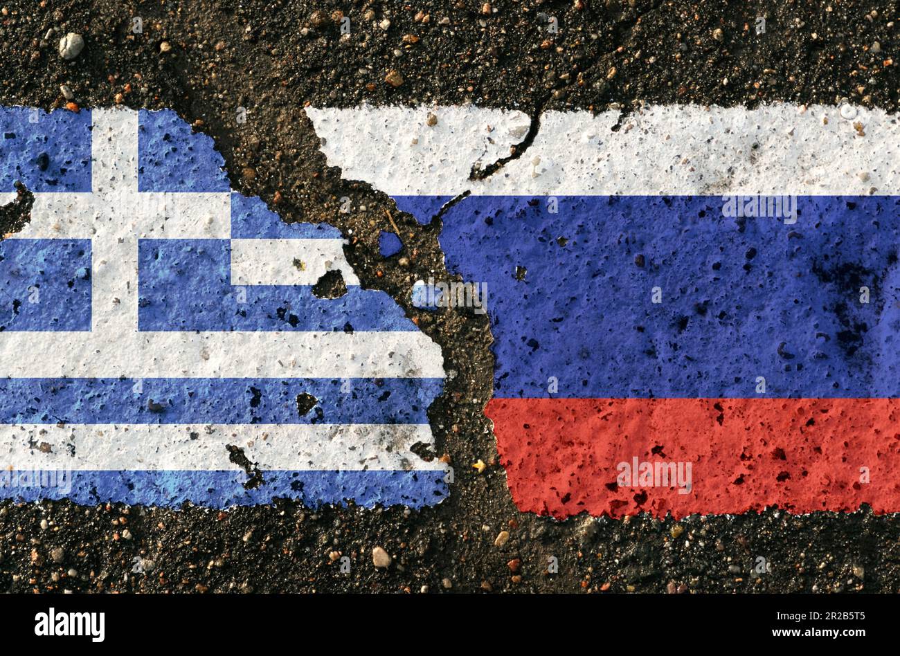 On the pavement are images of the flags of Greece and Russia, as a ...