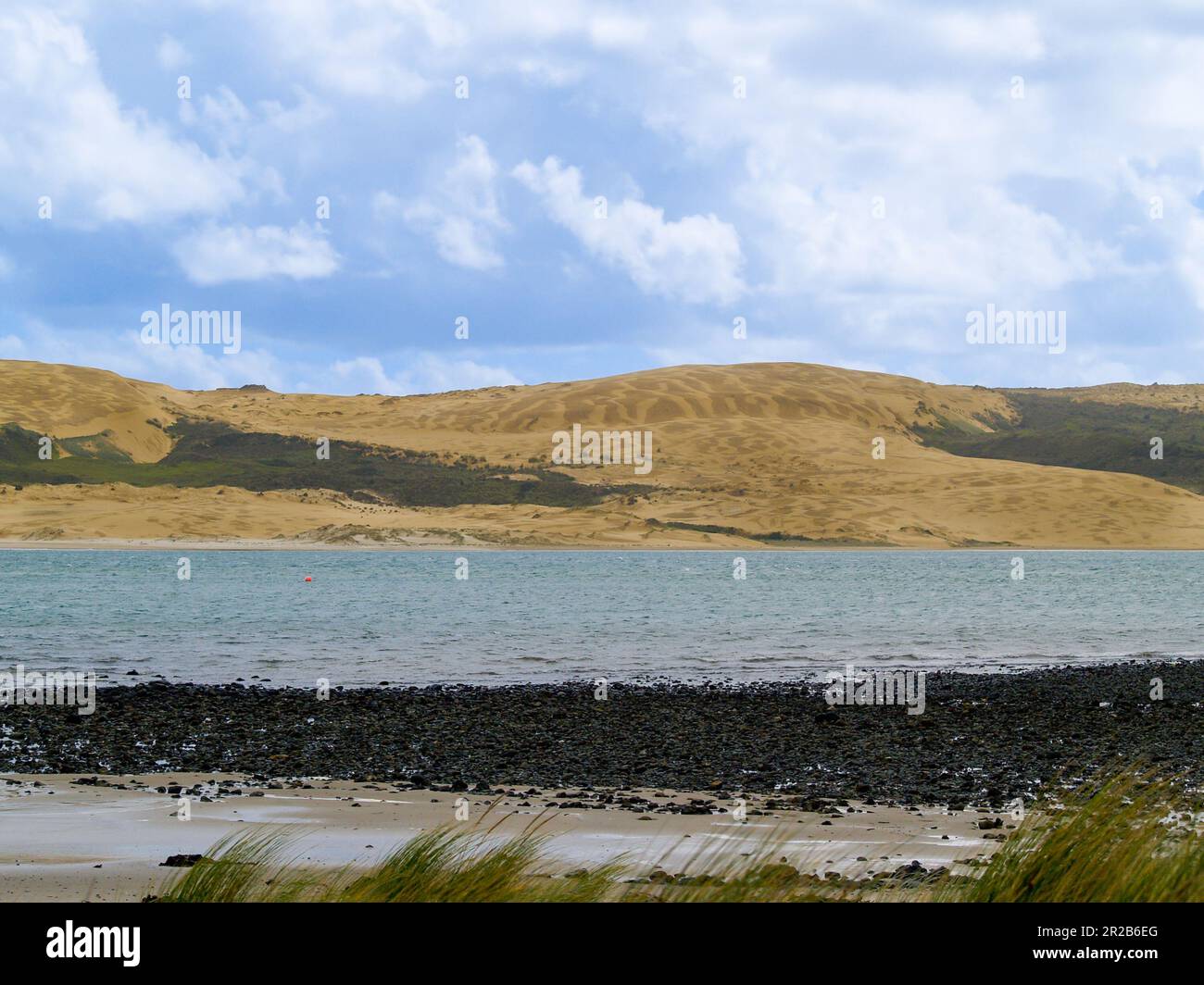 Sand dune patterns in landscape across bay in Opononi under cloudy sky ...