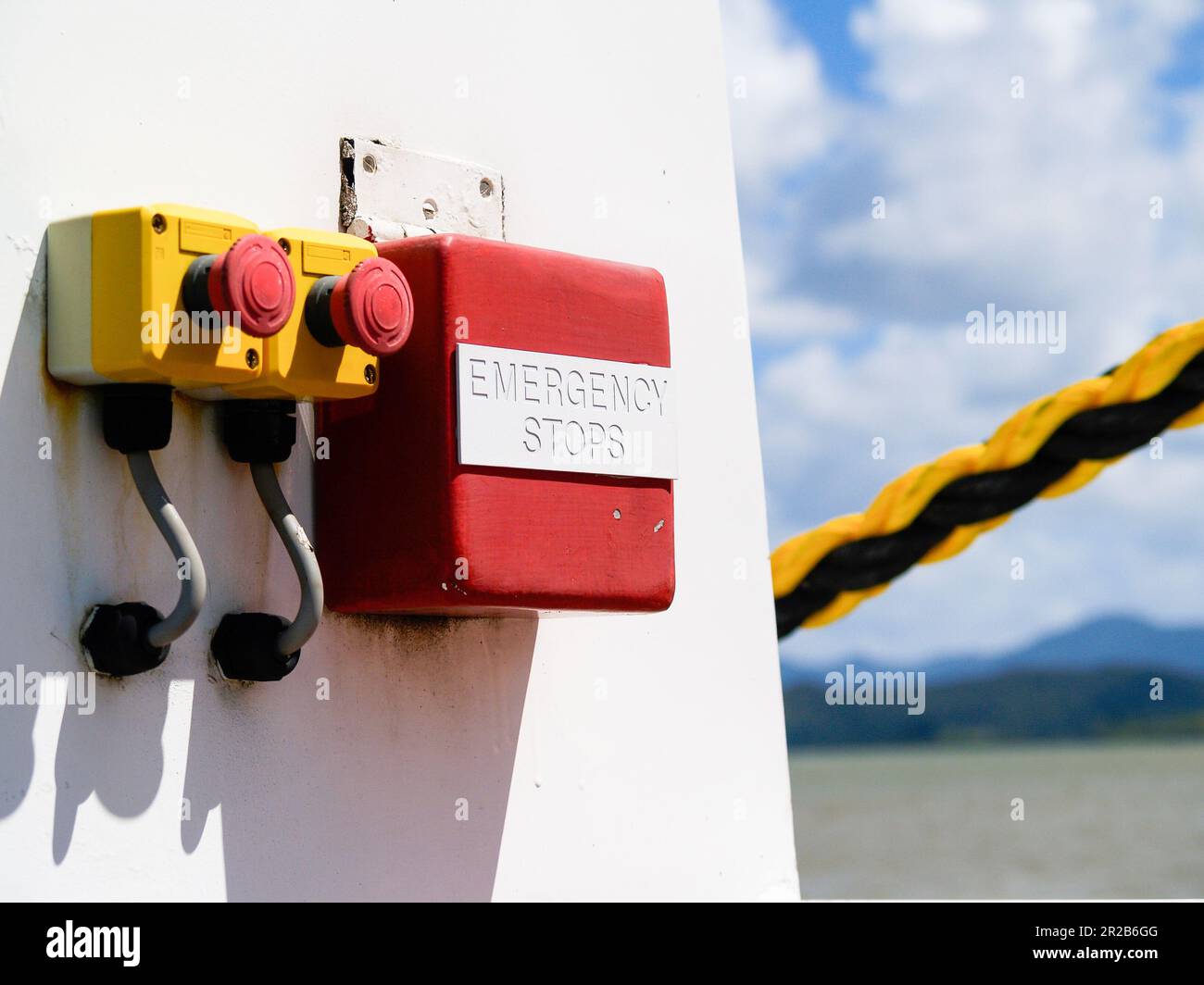 Bright red emergency stop buttons and system Stock Photo - Alamy