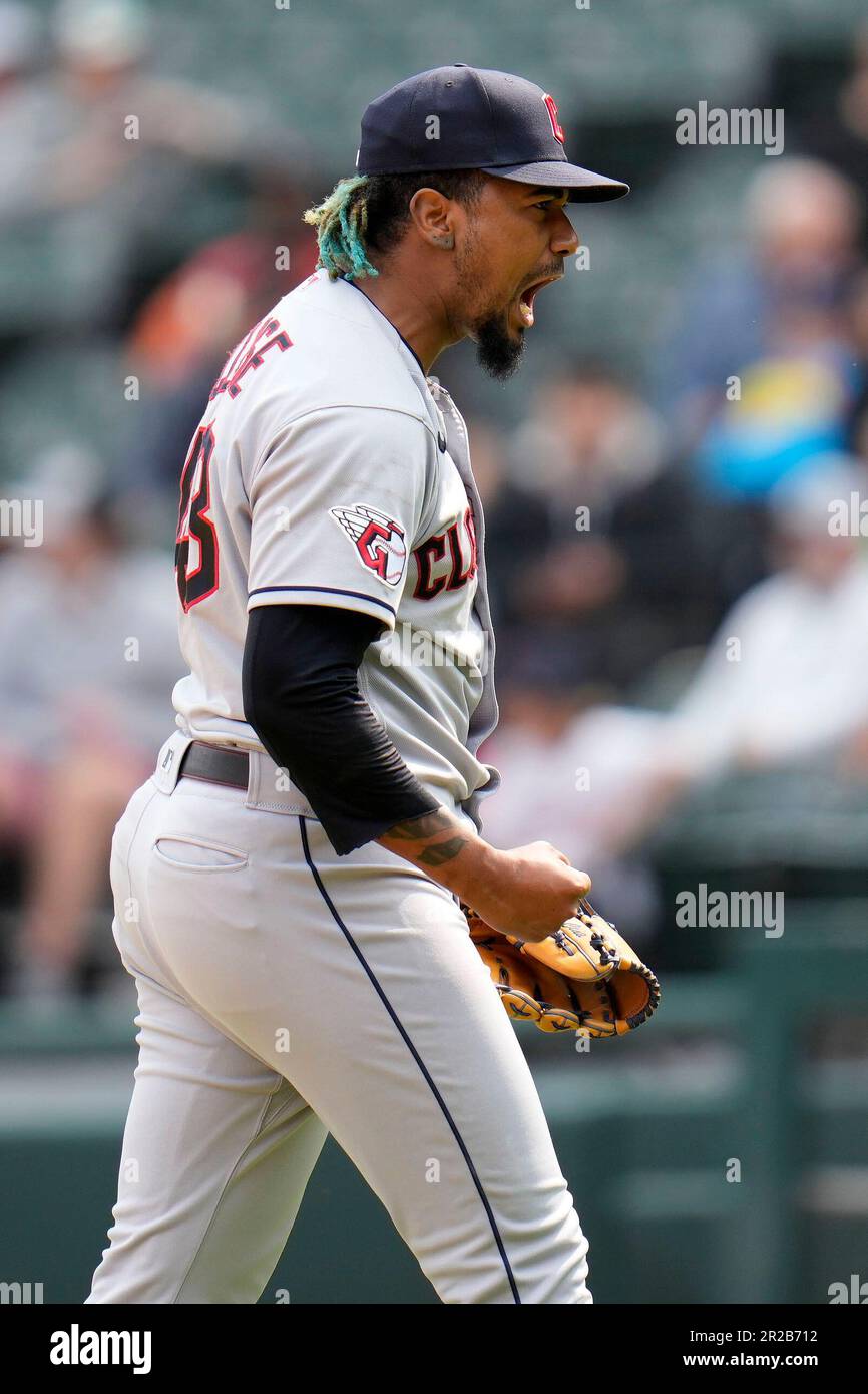 Cleveland Guardians relief pitcher Emmanuel Clase reacts after striking ...