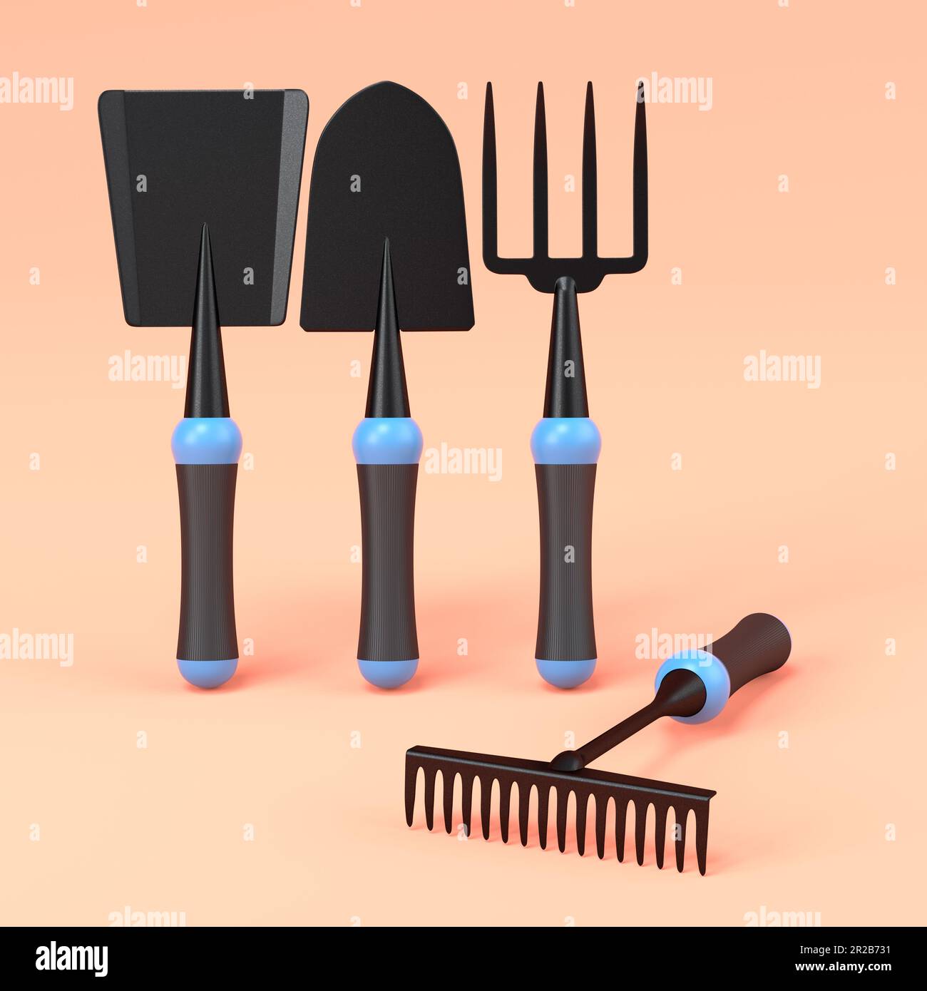 Garden shovel, pitchfork and rake on orange background. 3d render of ...