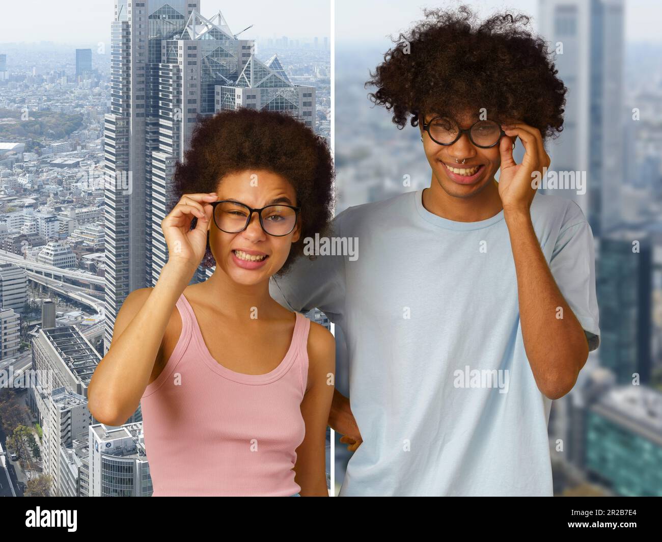 Funny couple has vision problem with the glasses Stock Photo - Alamy