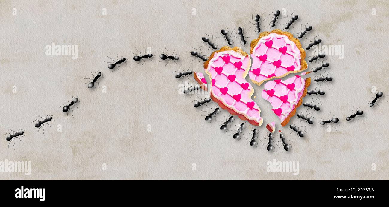 A colony of ants arrive to clean up a broken heart cookie in a 3-d ...