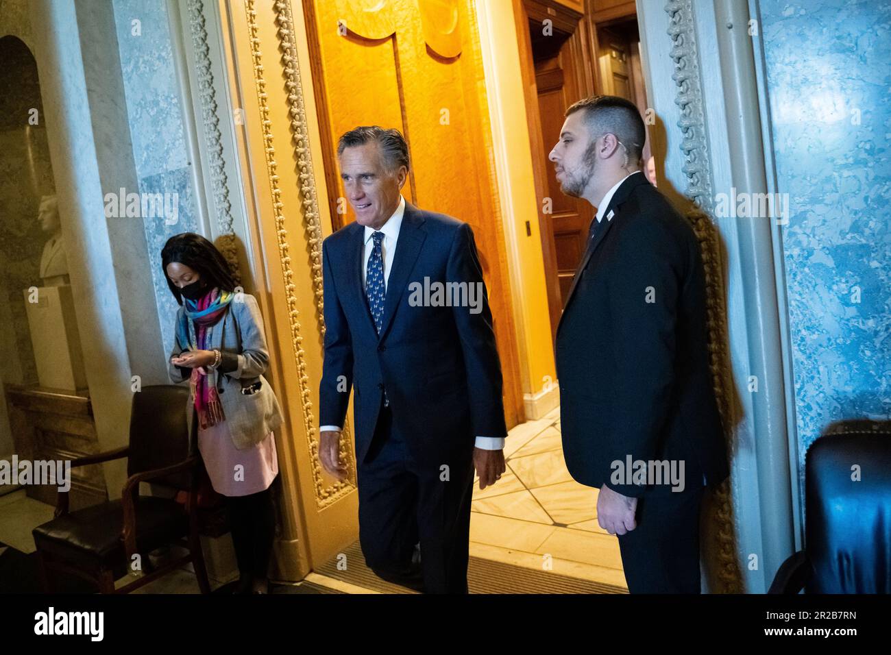 Washington, USA. 18th May, 2023. Senator Mitt Romney (R-UT) exits the ...