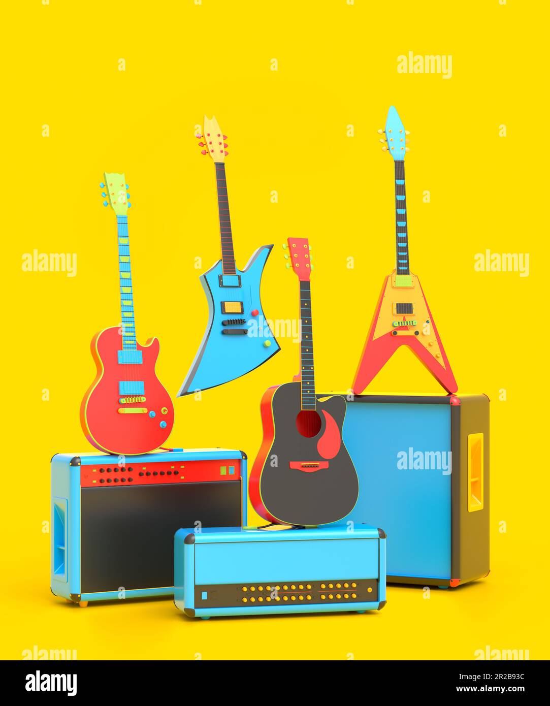 Set of electric acoustic guitars amplifiers on multicolor background ...