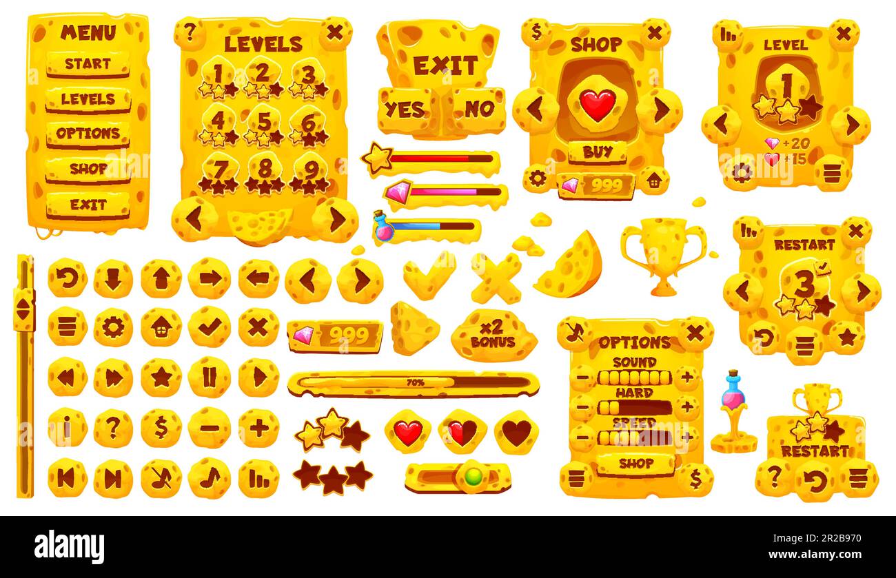 Game app interface, GUI asset and buttons. Maasdam and gauda cheese ...