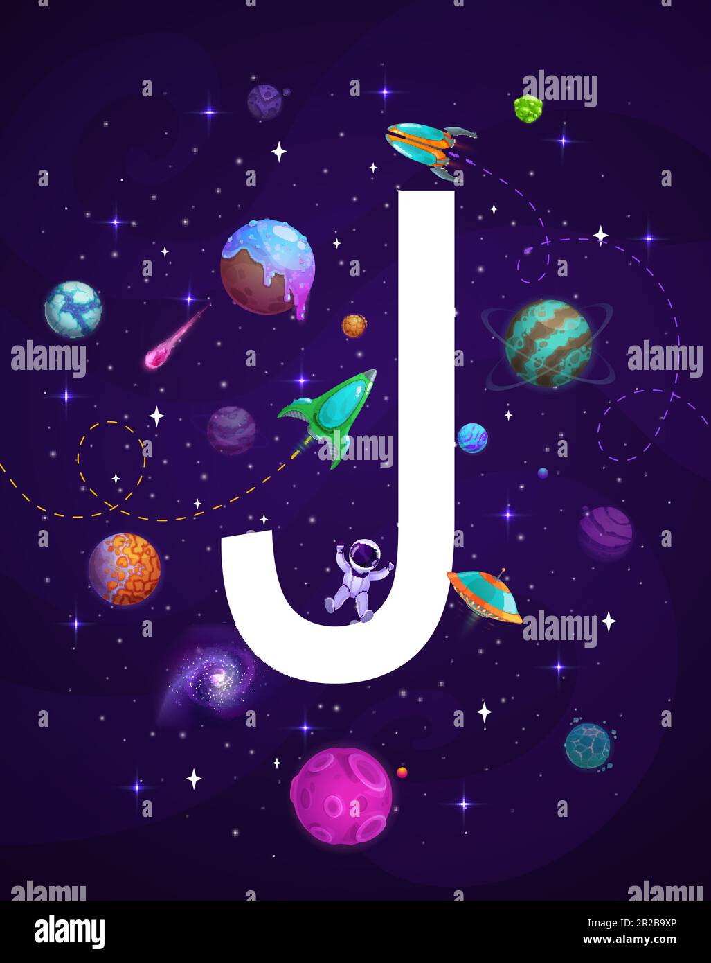 Cartoon space letter J, galaxy planets background. Cosmos discovery ...