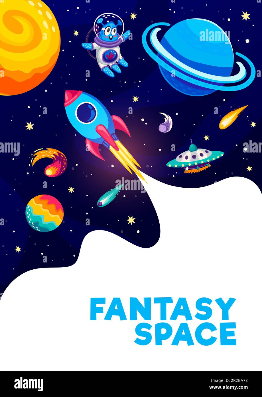 Cartoon space flyer with spaceship, alien and UFO in starry galaxy ...