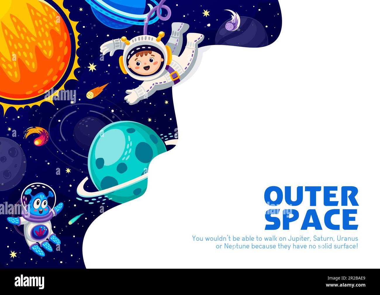 Space poster, cartoon alien and kid astronaut. Space travel, galaxy ...
