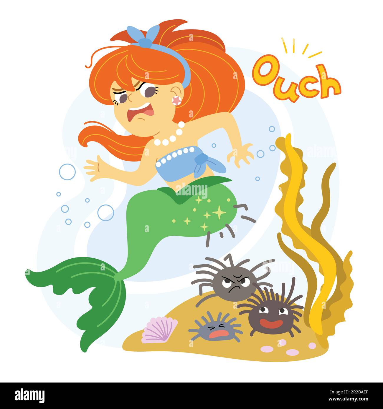 Funny Mermaid Sat On A Sea Urchins Humor Vector Cartoon Illustration In Flat Style Isolated On