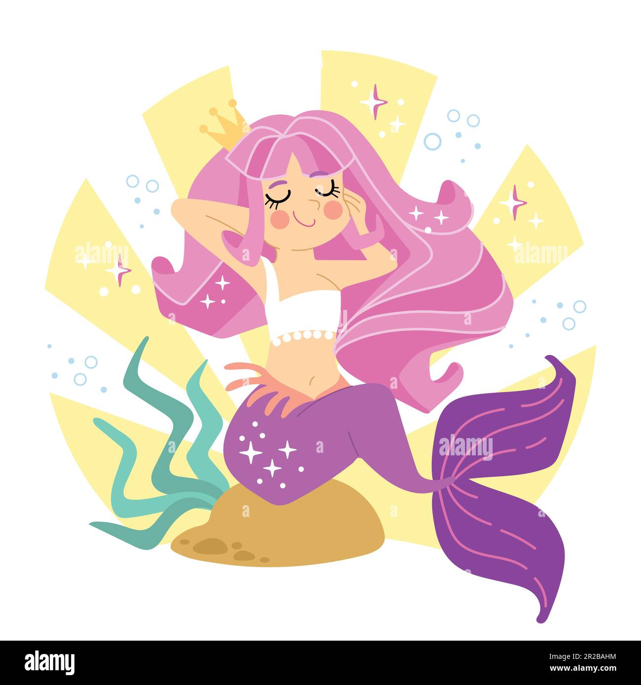 Cute cartoon confident mermaid with long pink hair. Vector cartoon ...
