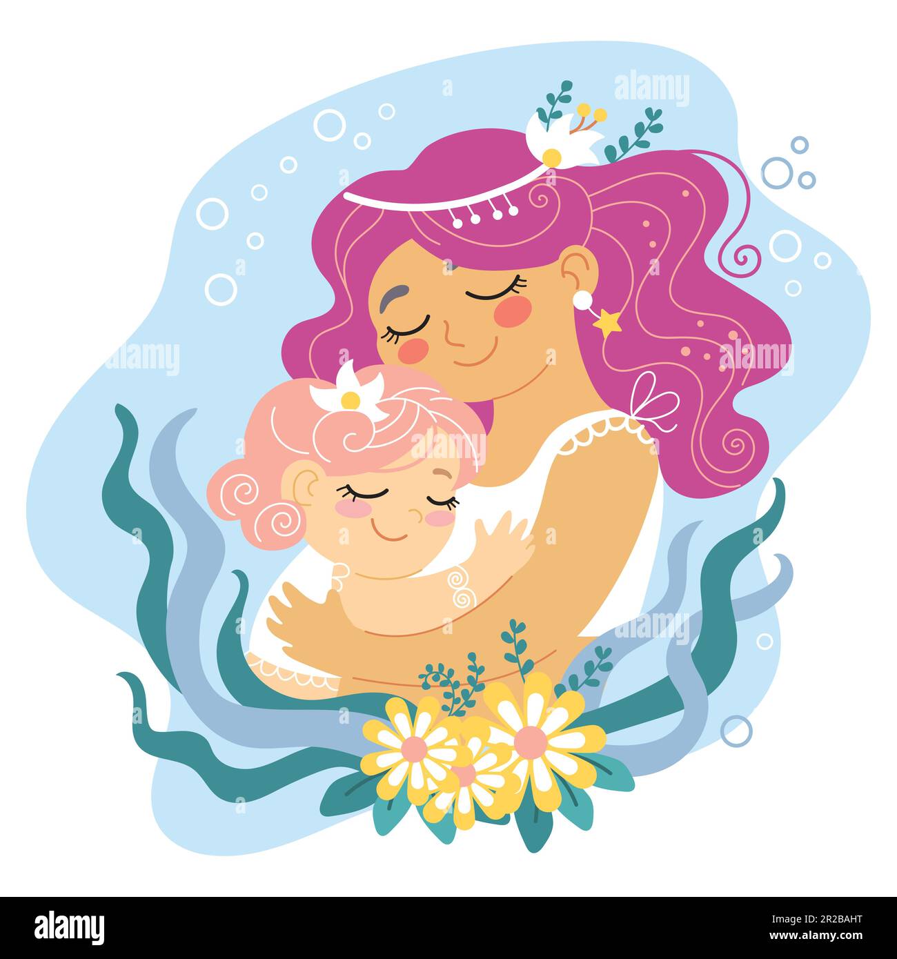 Beautiful cute mama hugs her little daughter. Vector cartoon ...
