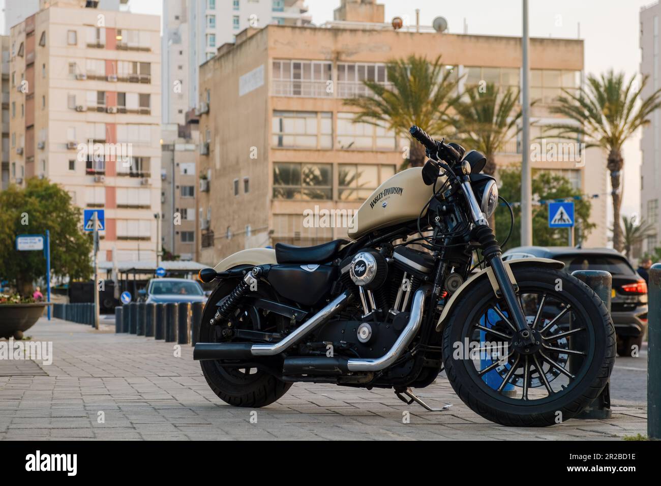 Netanya, Israel - May 16, 2023: Black motorcycle Harley-Davidson in the ...