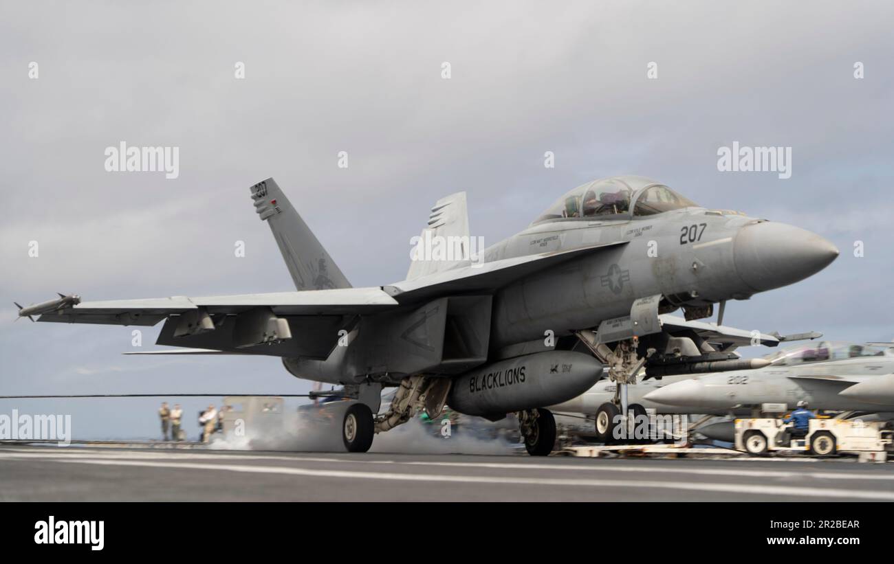 An F/A-18E attached to the "Blacklions" of Strike Fighter Squadron (VFA ...