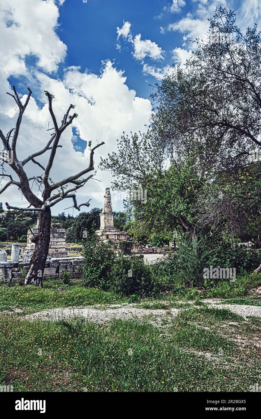 Odeon of Agrippa statues in the Ancient Agora of Athens, Greece. It is ...
