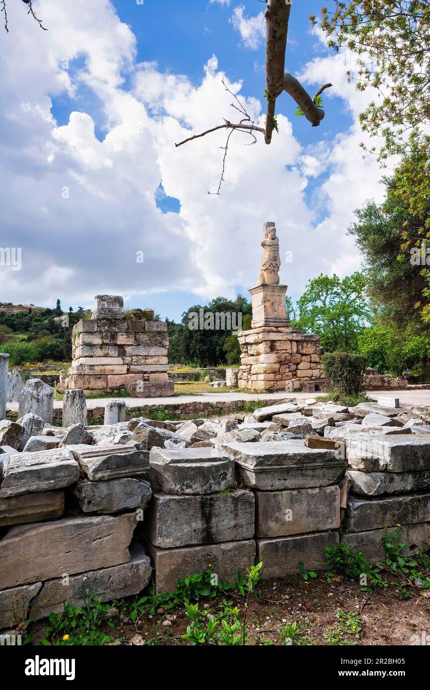 Odeon of Agrippa statues in the Ancient Agora of Athens, Greece. It is ...