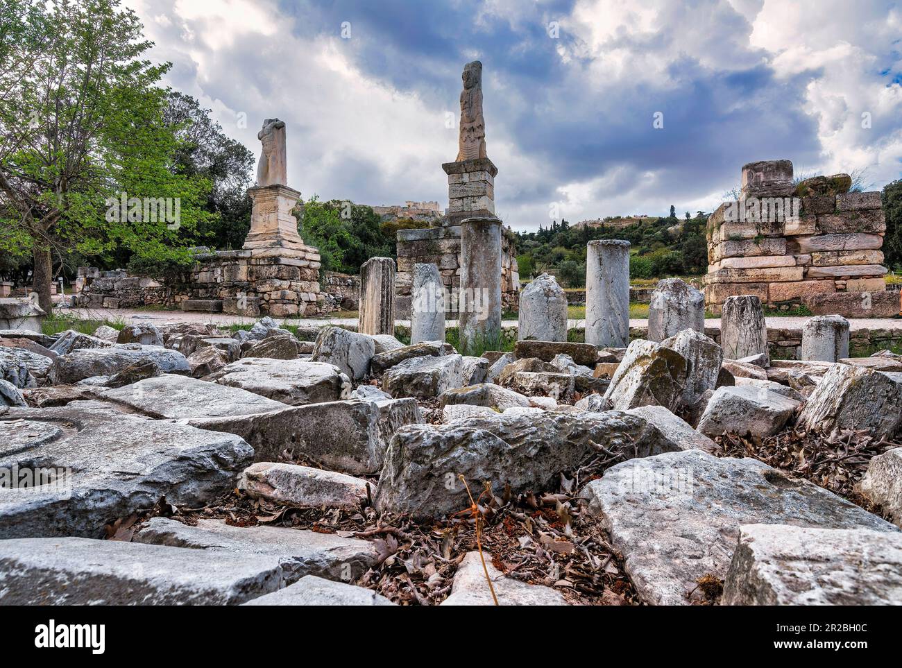 Odeon of Agrippa statues in the Ancient Agora of Athens, Greece. It is ...