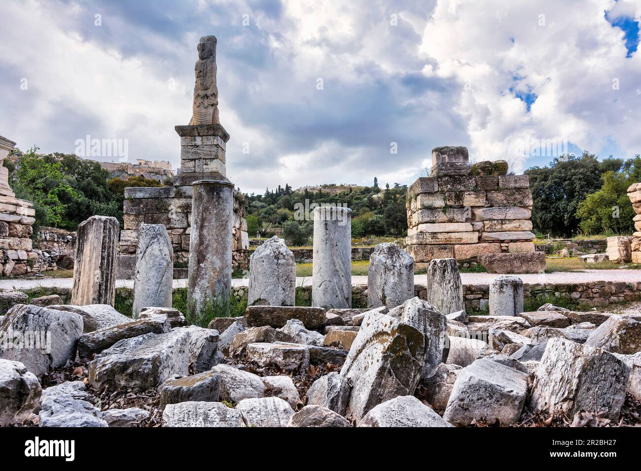 Odeon of Agrippa statues in the Ancient Agora of Athens, Greece. It is ...