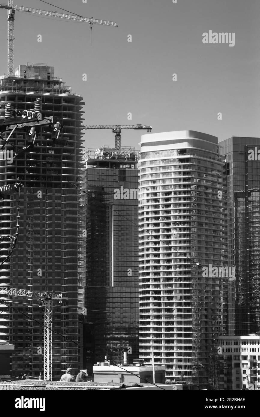construction cranes, skyscrapers in downtown Seattle viewed from ...