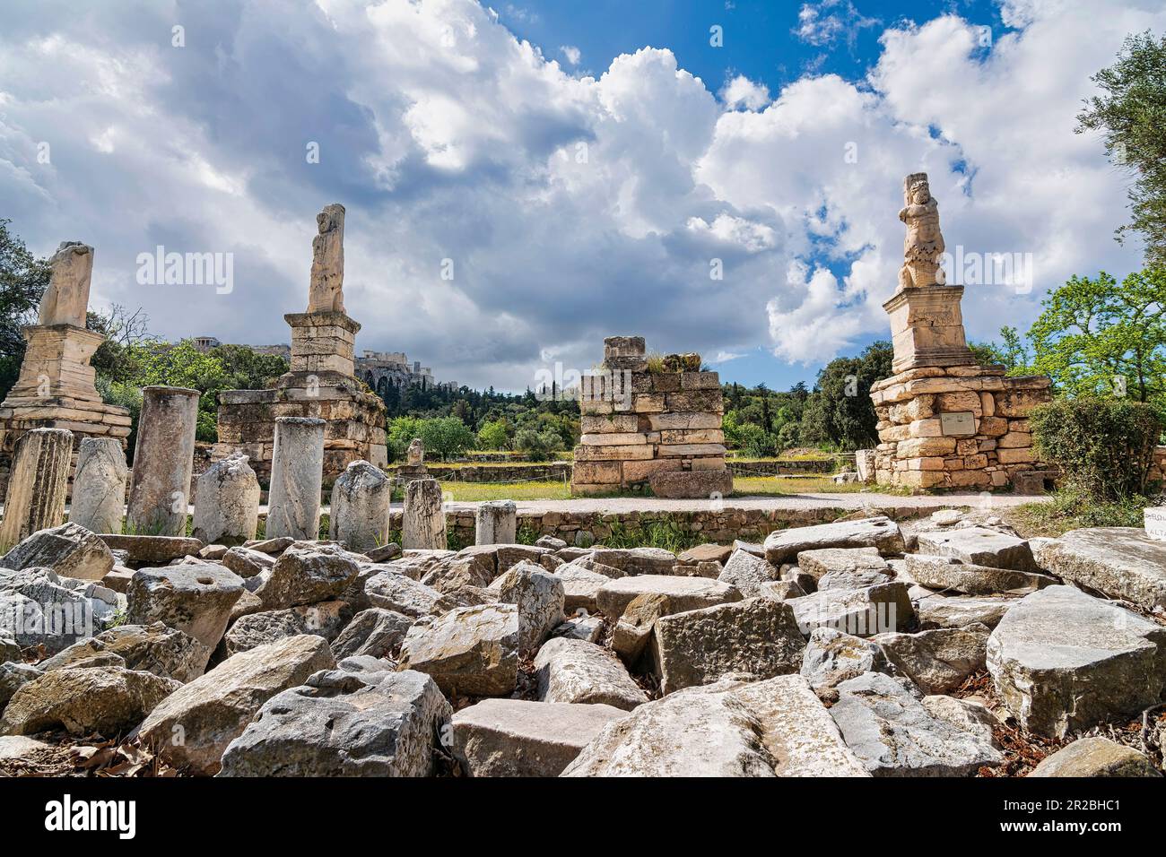 Odeon of Agrippa statues in the Ancient Agora of Athens, Greece. It is ...