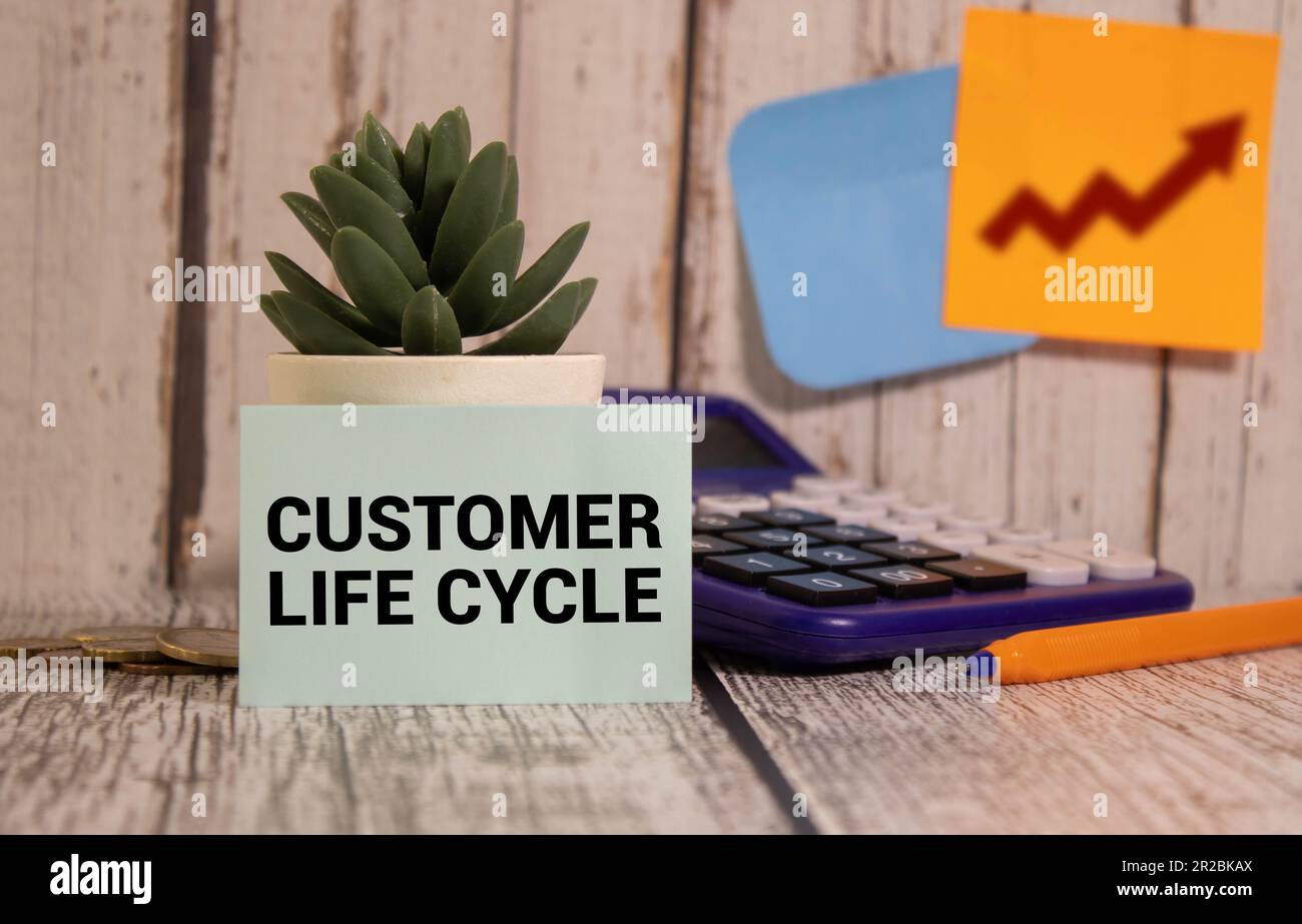 On the notepad for writing the text Customer Life Cycle, magnifier ...