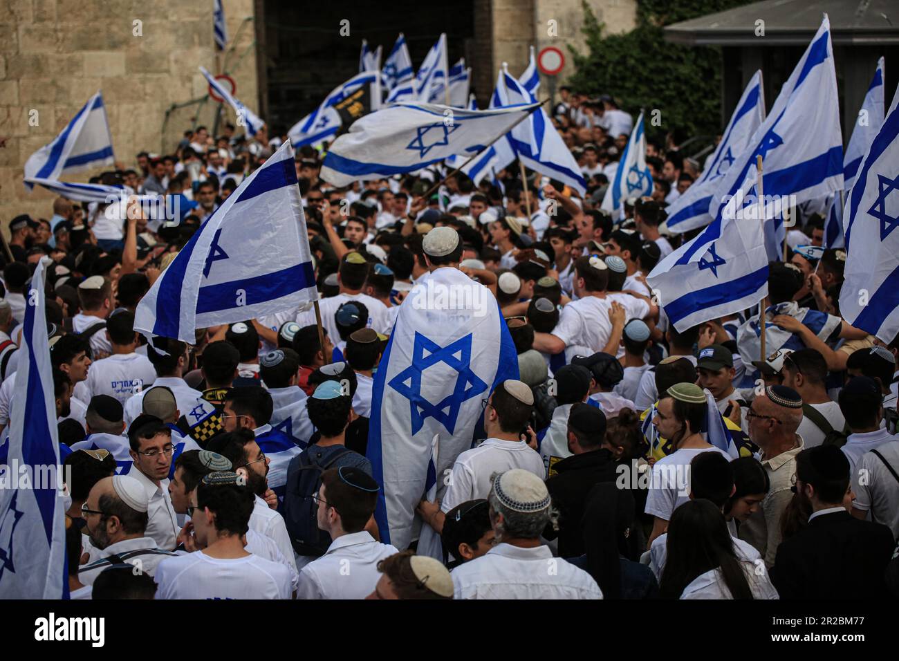 East Jerusalem, Israel. 18th May, 2023. Demonstrators waving Israeli ...