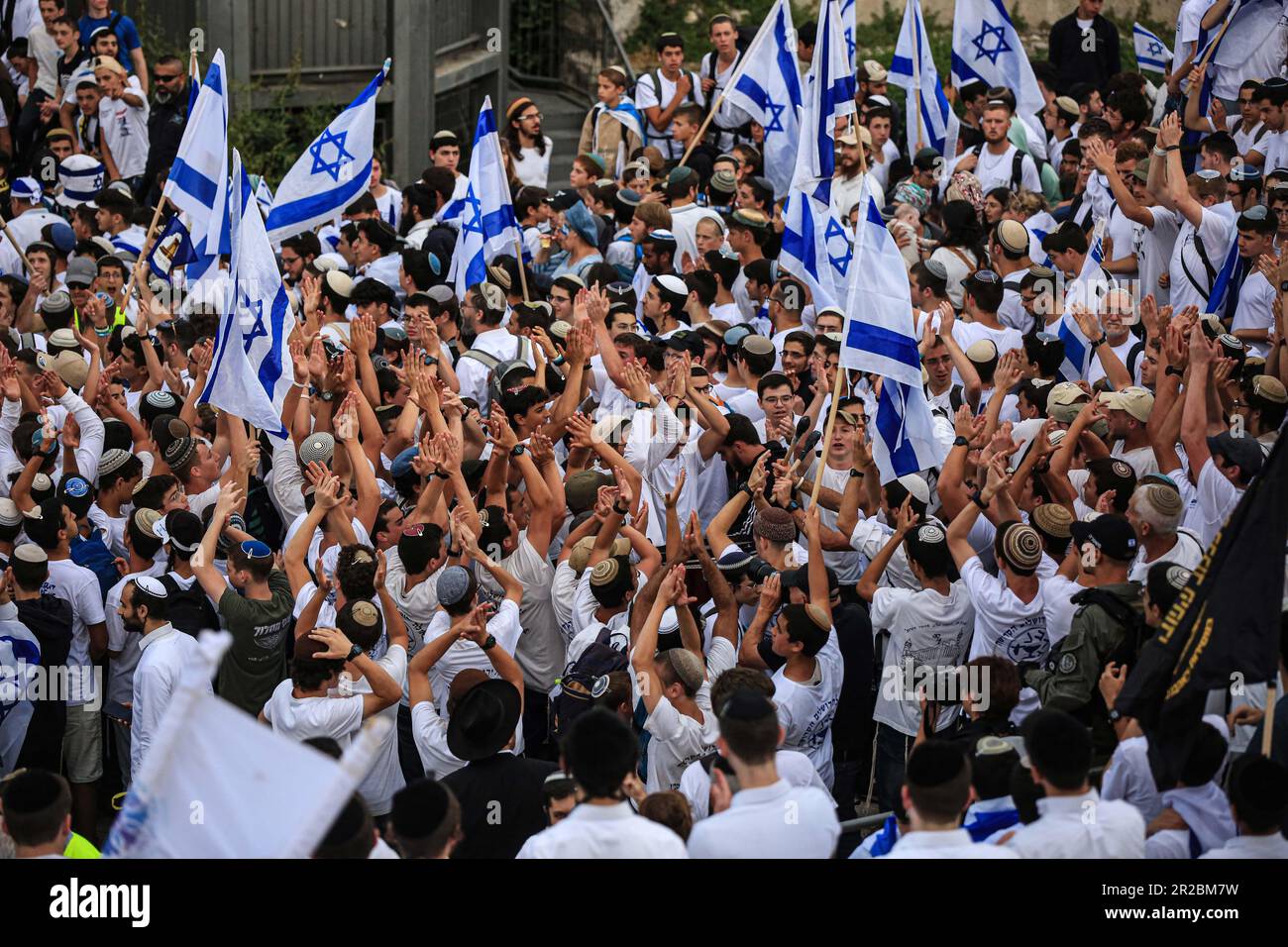 East Jerusalem, Israel. 18th May, 2023. Demonstrators waving Israeli ...