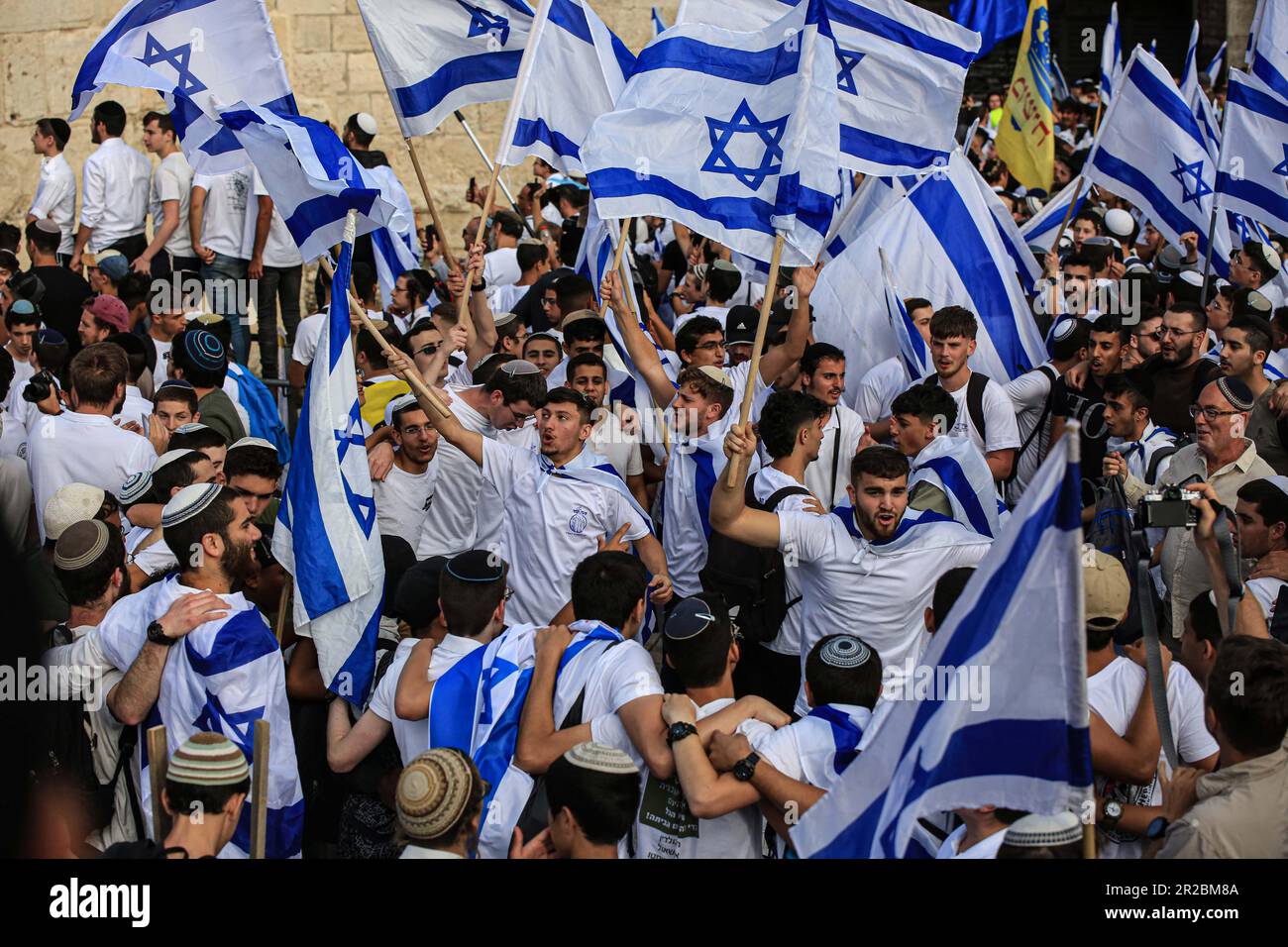 East Jerusalem, Israel. 18th May, 2023. Demonstrators waving Israeli ...
