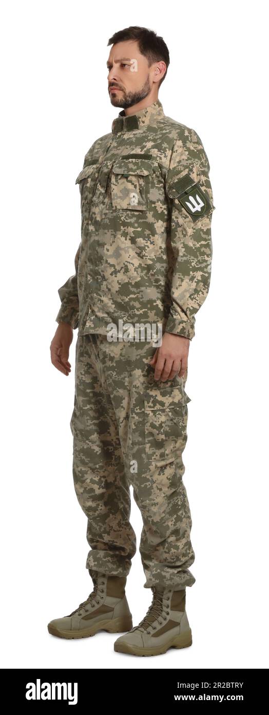 Ukrainian soldier in military uniform on white background Stock Photo ...