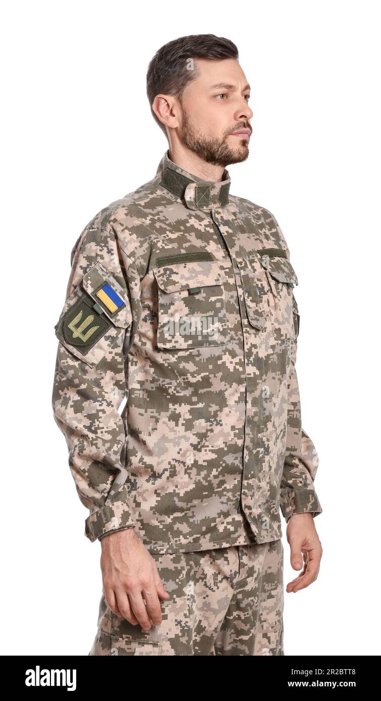 Ukrainian soldier in military uniform on white background Stock Photo ...