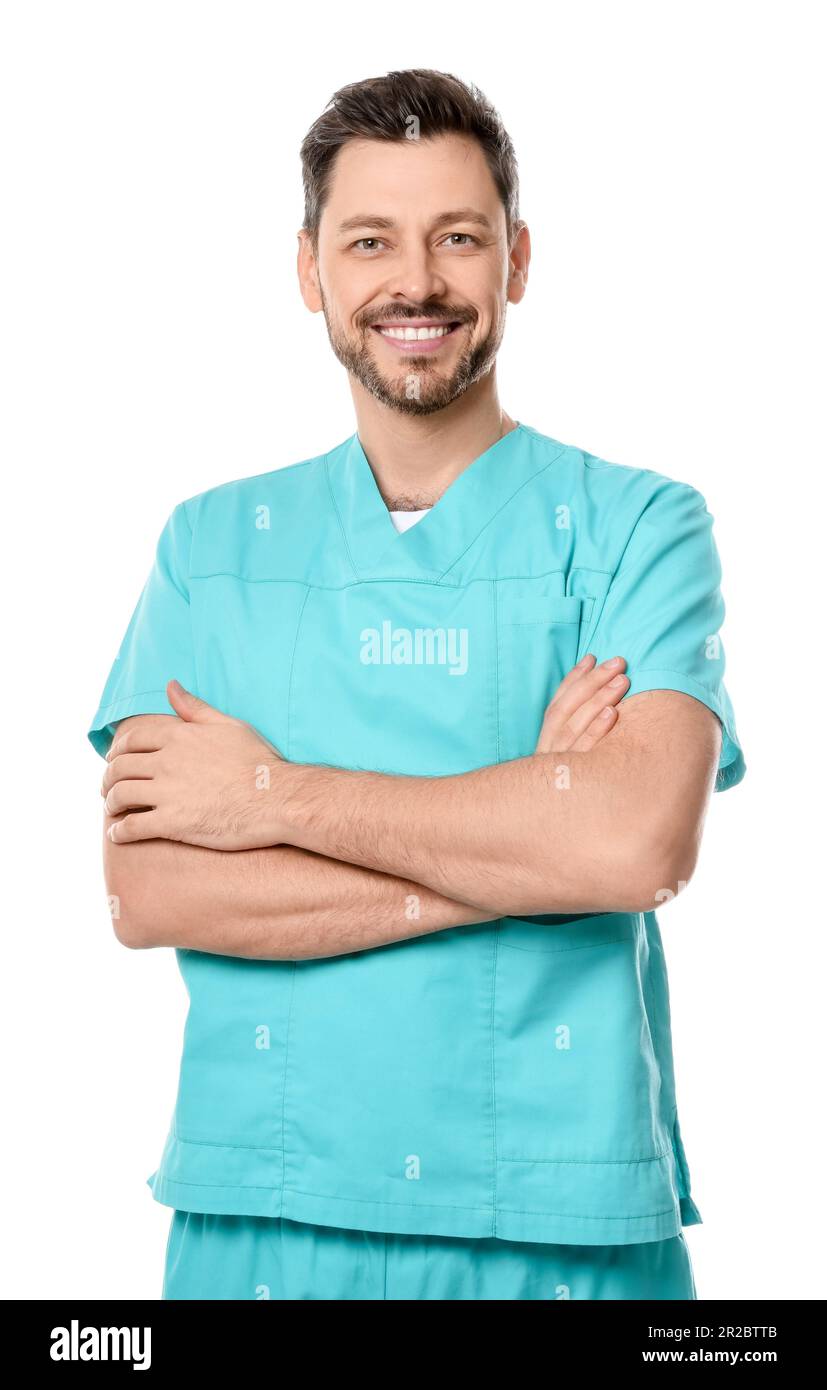 Doctor or medical assistant (male nurse) in uniform on white background ...