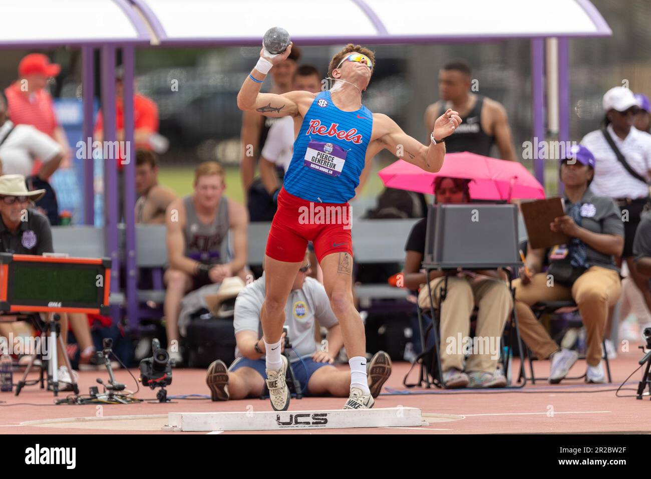 Ole Miss decathlete Pierce Genereaux throws the shot put on day 1 of ...