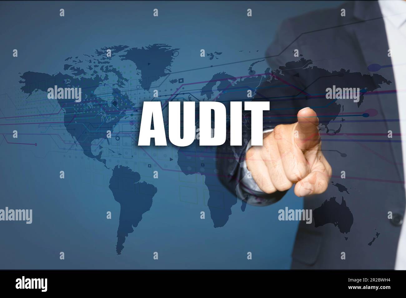Audit concept. Businessman pointing at world map illustration on light ...