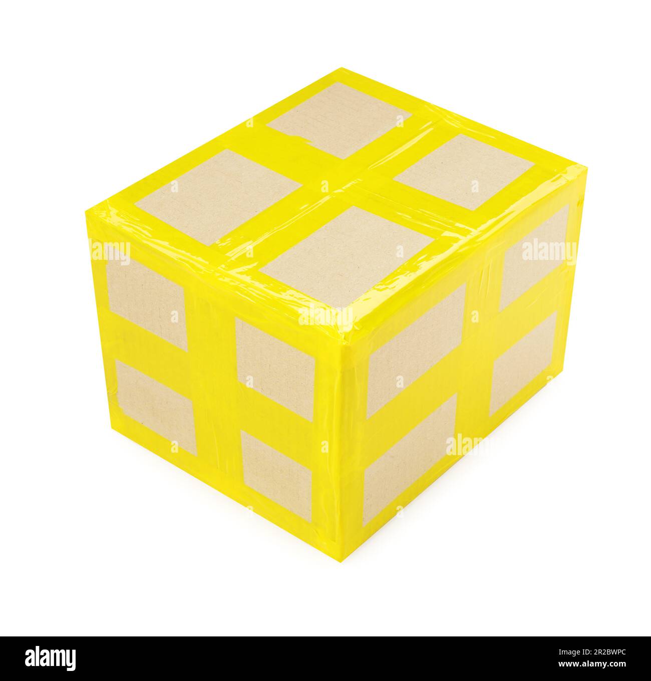 Cardboard parcel box with yellow sticky tape on white background Stock ...